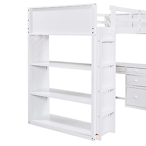 BIADNBZ Wooden Twin Size Loft Bed with Large Shelves Storage and Desk w/Built-in Drawers, Multifunctional LoftBed Frame w/Ladder for Kids Teens Adults Bedroom, White