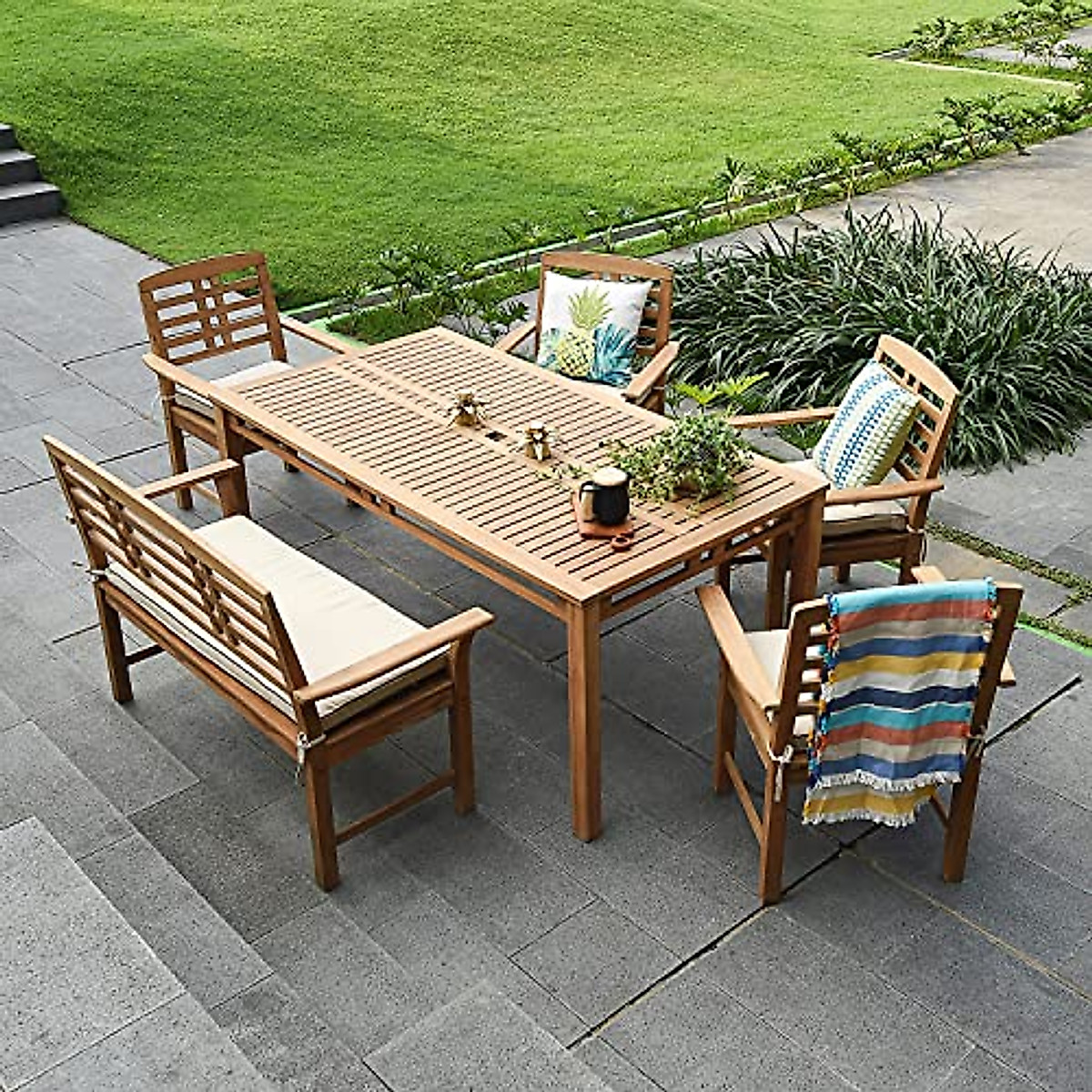 Cambridge Casual Wood Belize Patio Garden Bench with Taupe Cushion, Natural Teak