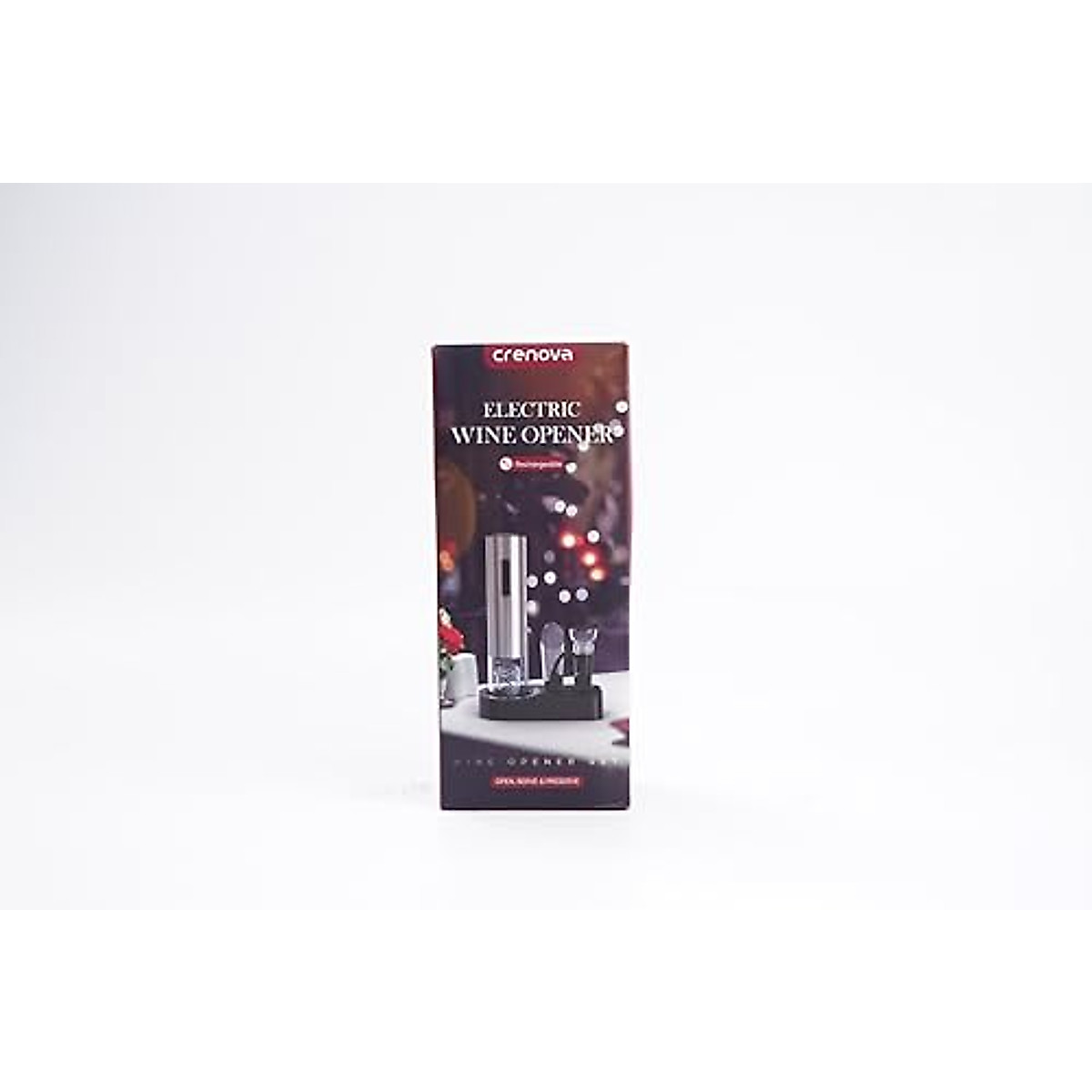 Crenova 6-in-1 Wine Opener Electric Rechargeable Automatic Corkscrew Bottle Opener set with Vacuum Stopper, Aerator Pourer, Foil Cutter, Display Base & USB Charging Cable, Silver