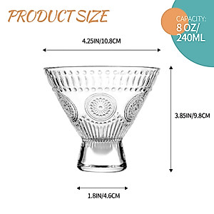 Wongblee 6Pcs Stemless Martini Glasses, 8.5oz Vintage Cocktail Glasses, Glass Dessert Cups for Home Bar, Restaurant, Party