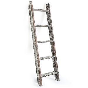 MyGift Torched Brown Wood Decorative Ladder Shelf, 4.5 Foot Wall Leaning Wooden Towel Blanket Ladder Storage Rack for Bathroom or Living Room