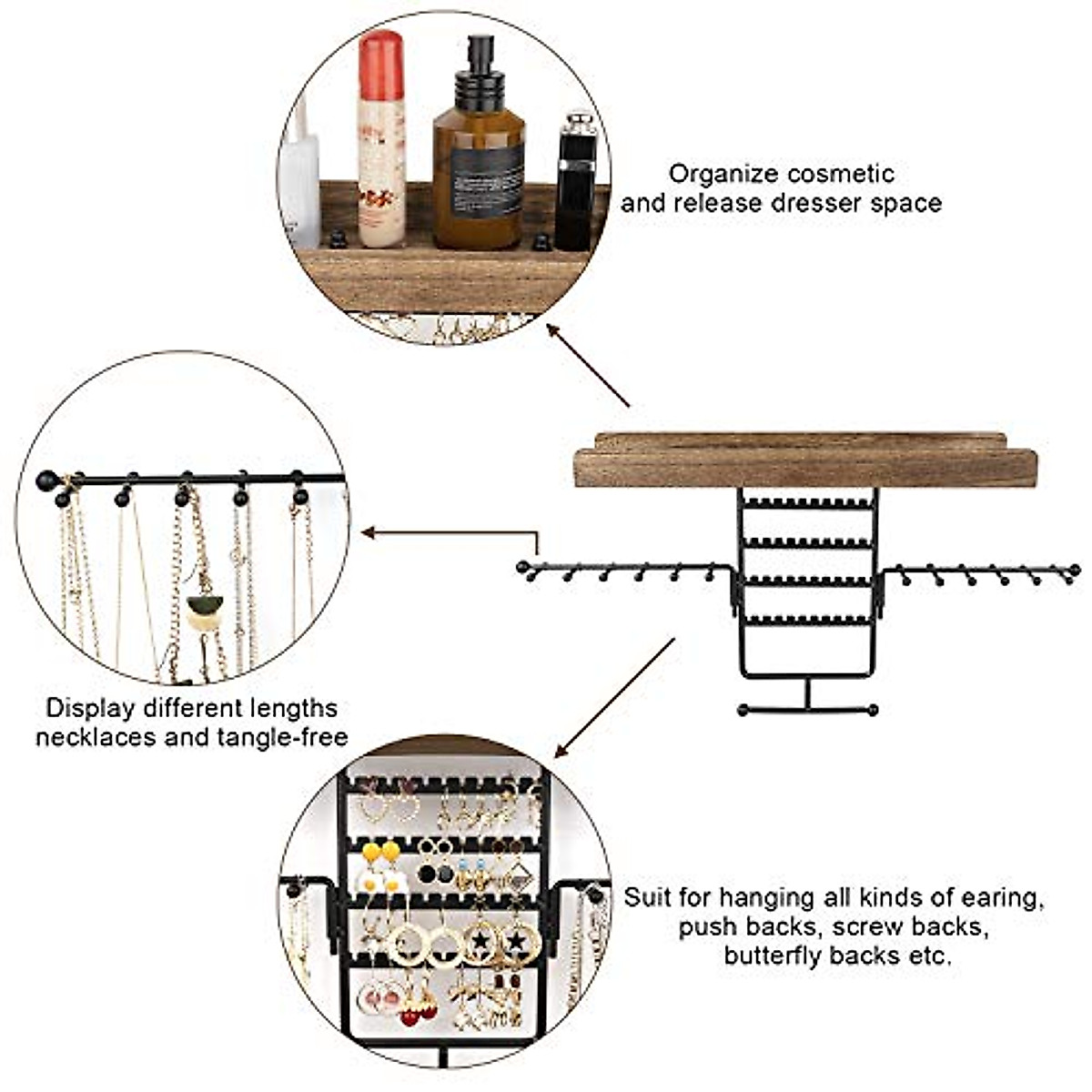 Jewelry Organizer Wall Mounted Rotating Jewelry Holder Hanging Storage Display for Necklaces Bracelet Earring Ring (Carbonized Black)