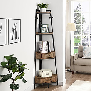 LifeSky Industrial Corner Ladder Shelf - 72.64 Inch Tall Corner Shelves with Drawers - 4-Tier Corner Bookshelf for Living Room Black