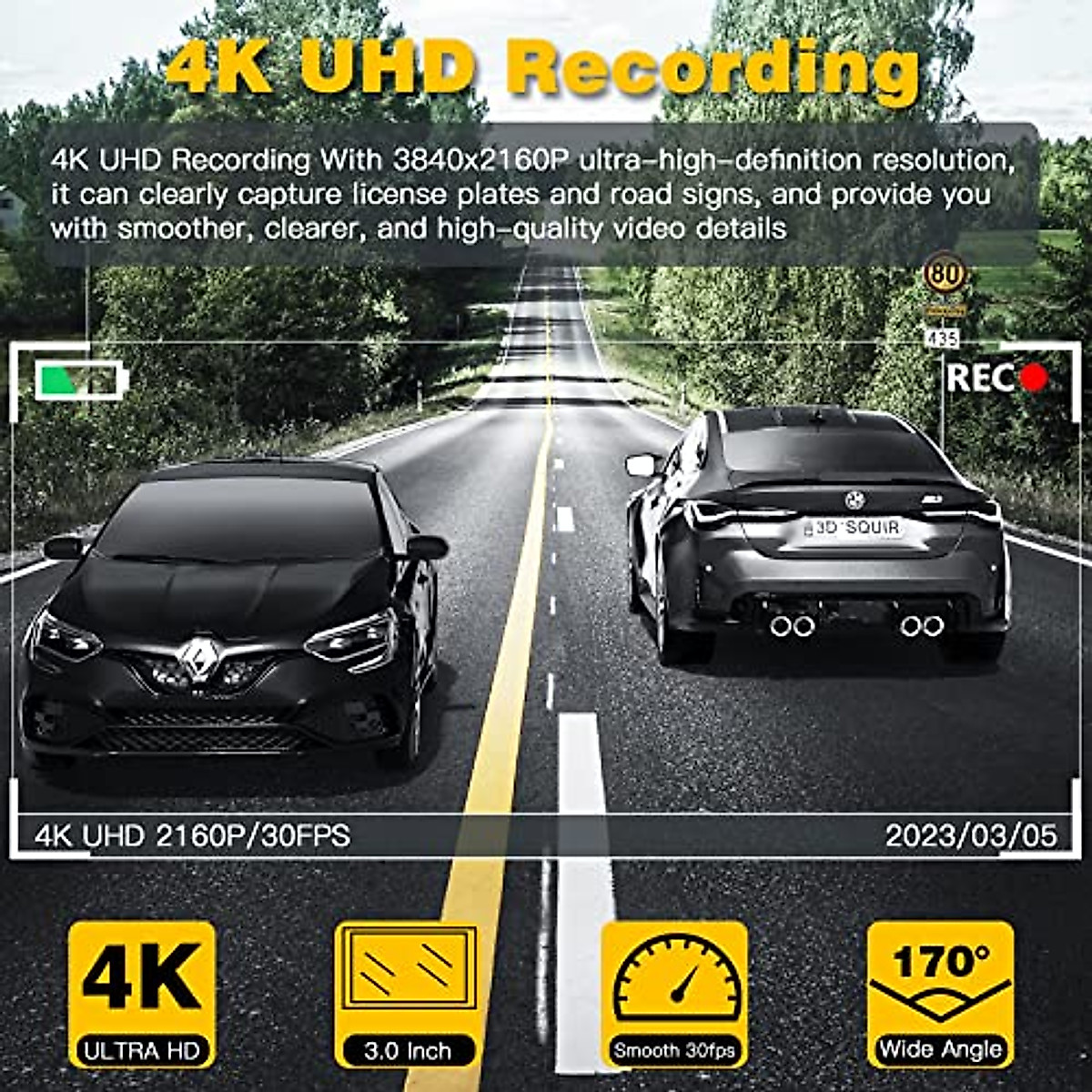 4K Dash Cam Front with SD Card, Kussla WiFi Dash Camera for Cras, 2160P Dashcam for Cars with App Control, Super Night Vision Car Camera, WDR, G-Sensor, Loop Recording, Parking Monitor