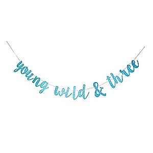 Young Wild and Three Banner -Blue Glitter Happy 3rd Birthday Party Decoration Bunting Photo Props，Children's Birthday Party Supplies
