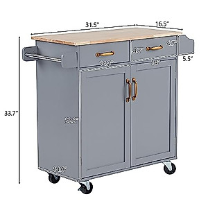 APDYNE Two Door Two Roll Out Kitchen Cart and Storage Cabinet, Rubber Wood Gray Paint Dining Car 99.5 * 40 * 85.5cm, Towel Rack, Adjustable Rack, and Lockable Wheels