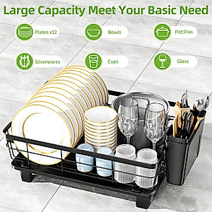 DMTXCRP Dish Drying Rack with Drainboard for Kitchen Counter, Large Capacity Durable Rustproof Stainless Steel Dish Drainer Rack with Removable Flatware Caddy -Black