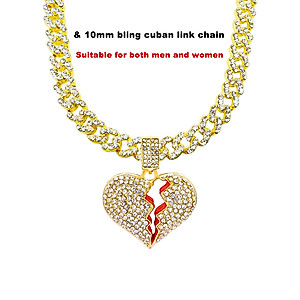 HH BLING EMPIRE Iced Out Broken Heart Chain Necklace for Men Women, Silver Gold Heart Pendant with Rope | Tennis | Cuban Link Chains, Hip Hop Rapper Chain Necklaces (Gold Heart A & Rope)