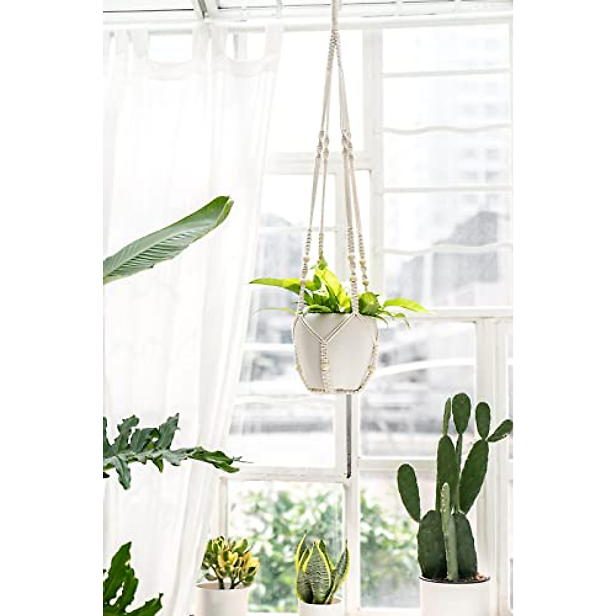 Mkono 43 Inch Macrame Plant Hanger Large for up to 12 Inch Pot Extra Long Hanging Plant Holder No Tassels Hanging Planter Basket with Wood Beads for Indoor Outdoor Boho Home Decor, Ivory