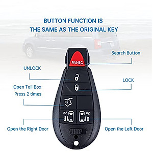 Car Key Fob Keyless Entry Remote fits Chrysler Town and Country 2008-2015 / Dodge Grand Caravan 2008-2014 Replacement for P/N: M3N5WY783X (5+1 Buttons) Pack of 2