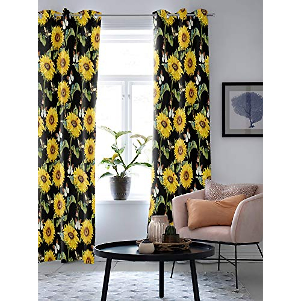 Big buy store Blackout Curtains Panels Sunflower Bee Butterfly Thermal Insulated Grommet Window Curtains Black Room Darkening Curtain Drapes for Bedroom & Living Room 52inches W x 96inches L