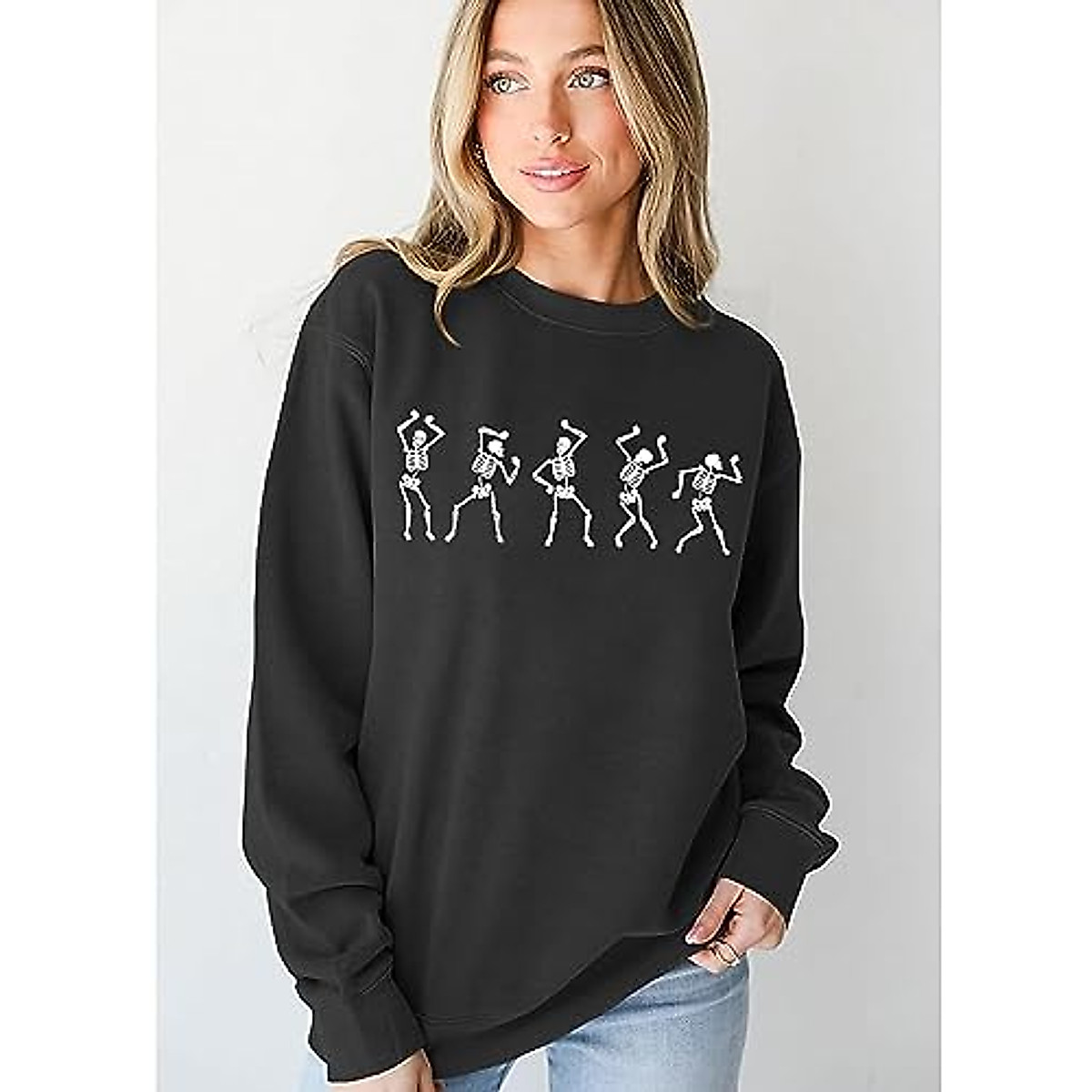 CM C&M WODRO Womens Halloween Dancing Skeleton Sweatshirts Spooky Season Crewneck Shirt Long Sleeve Horror Skull Pullover Top Black