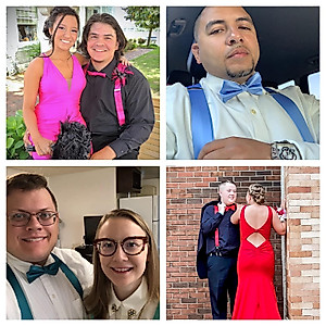 HISDERN Bow Tie and Suspenders for Men Red Striped Suspender and Bowtie Handkerchief Set Adjustable Y Shape 6 Clips Wedding Brace