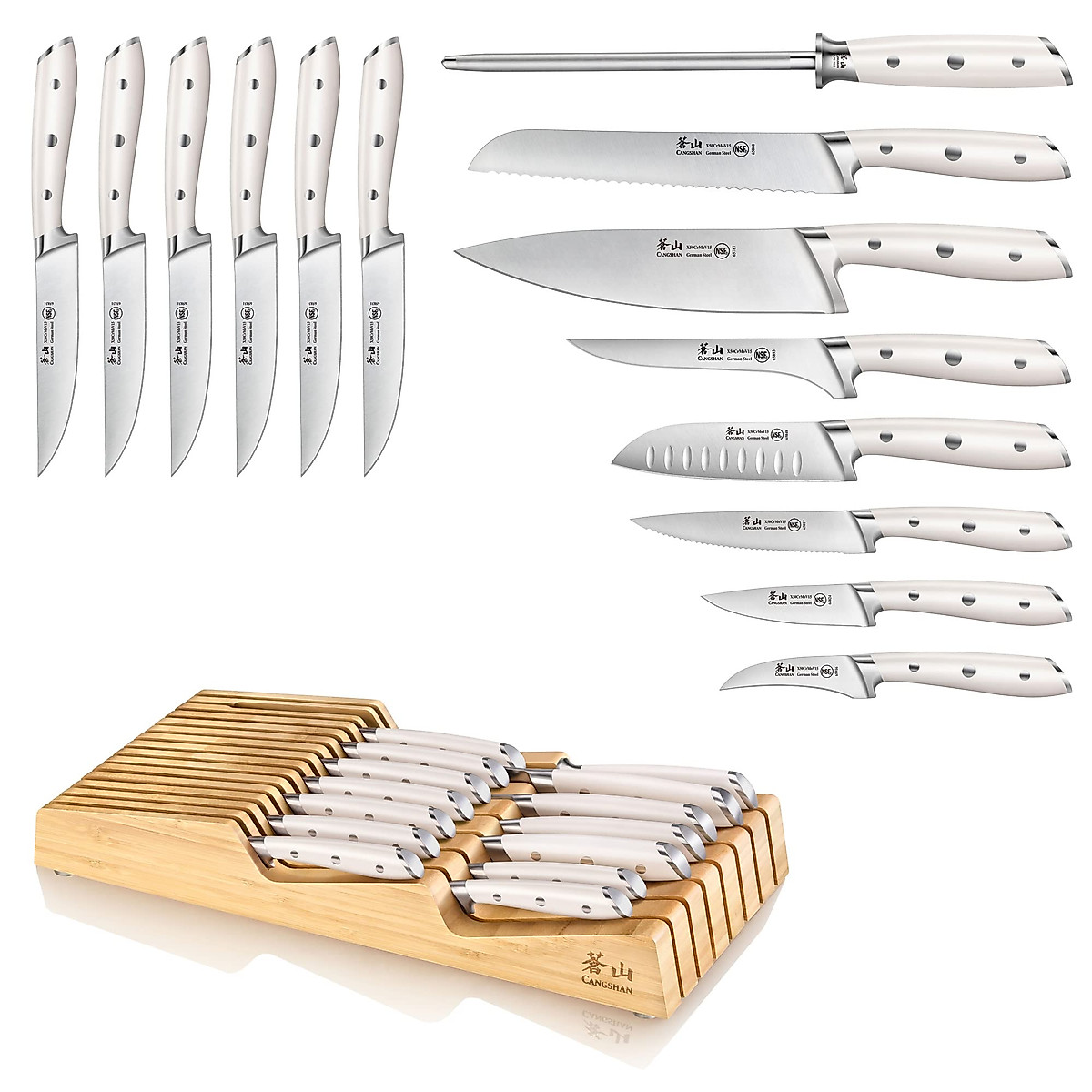 Cangshan ALPS Series 502827 German Steel Forged 15-Piece In-Drawer Knife Set with Bamboo Tray, (White)