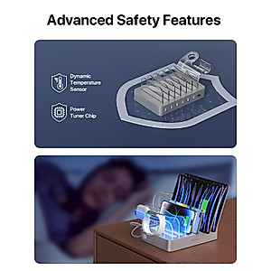 SooPii Premium 6-Port USB Charging Station Organizer for Multiple Devices, 6 Short Charging Cables and One Upgraded i-Watch Charger Holder Included, for Phones,Tablets and Other Electronics, Silver