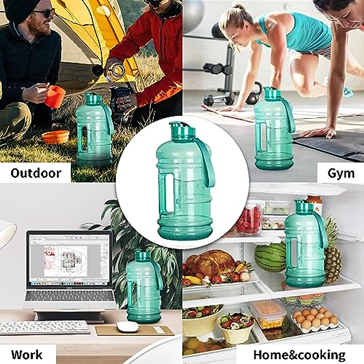 TOOFEEL 2 Liter Water Bottles - Half Gallon Water Bottle BPA Free - Ideal for Gym, Big Water Jug, Reusable Sports Bottle with Measurements Marked Drink Container - 2.2L 74oz Mint Green Water Bottle