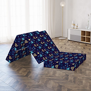 Ambesonne East Foldable Mattress, Japanese Surreal Elements, 74.8" x 39.4", Dark Purple Multicolor