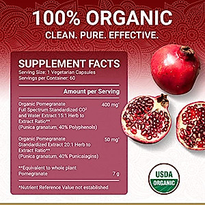 Pomegranate Extract Supplement - Ellagic Acid, High Punicalagins | USDA Certified Organic Pomegranate Supplement | Blend of Pomegranate Fruit, Seeds and Peel Extract | 60 Vegan Pomegranate Capsules
