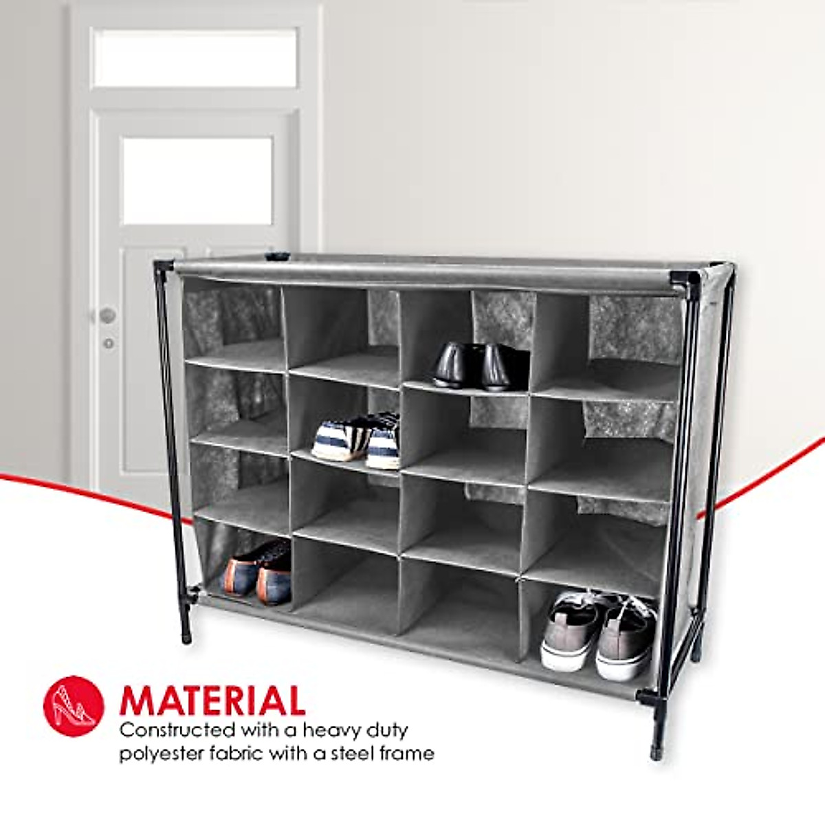 Sunbeam 4 Tier 16 Pair Shoe Rack Cubby Shelf Organizer Non Woven Polyester Fabric Portable and Durable Gray