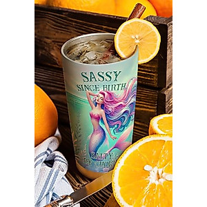 20oz Mermaid Tumbler, Sassy Since Birth Salty by Choice, Gifts for Mermaid Lovers, Coffee Thermos for Women, Stainless Steel Double Wall Vacuum Insulated Coffee Mug, Travel Cup with Lid