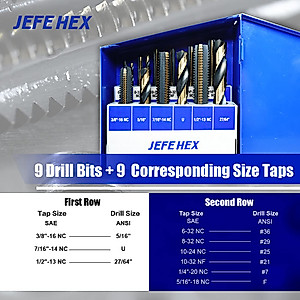 JEFE HEX 18-Piece Drill and Tap Set with 1 Piece T-Handle Ratchet Tap Wrench Capacity Range #0-1/4", Black and Gold Premium HSS Jobber Length Drill Bits and Hand Plug Taps with Metal Indexed Box