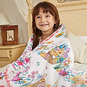 kopudka Easter Throw Blanket Decorations Egg Spring Blankets Rabbit Decor Flannel with Bunny Lilies Wicker Basket Wildflower Throws 50x60 inch