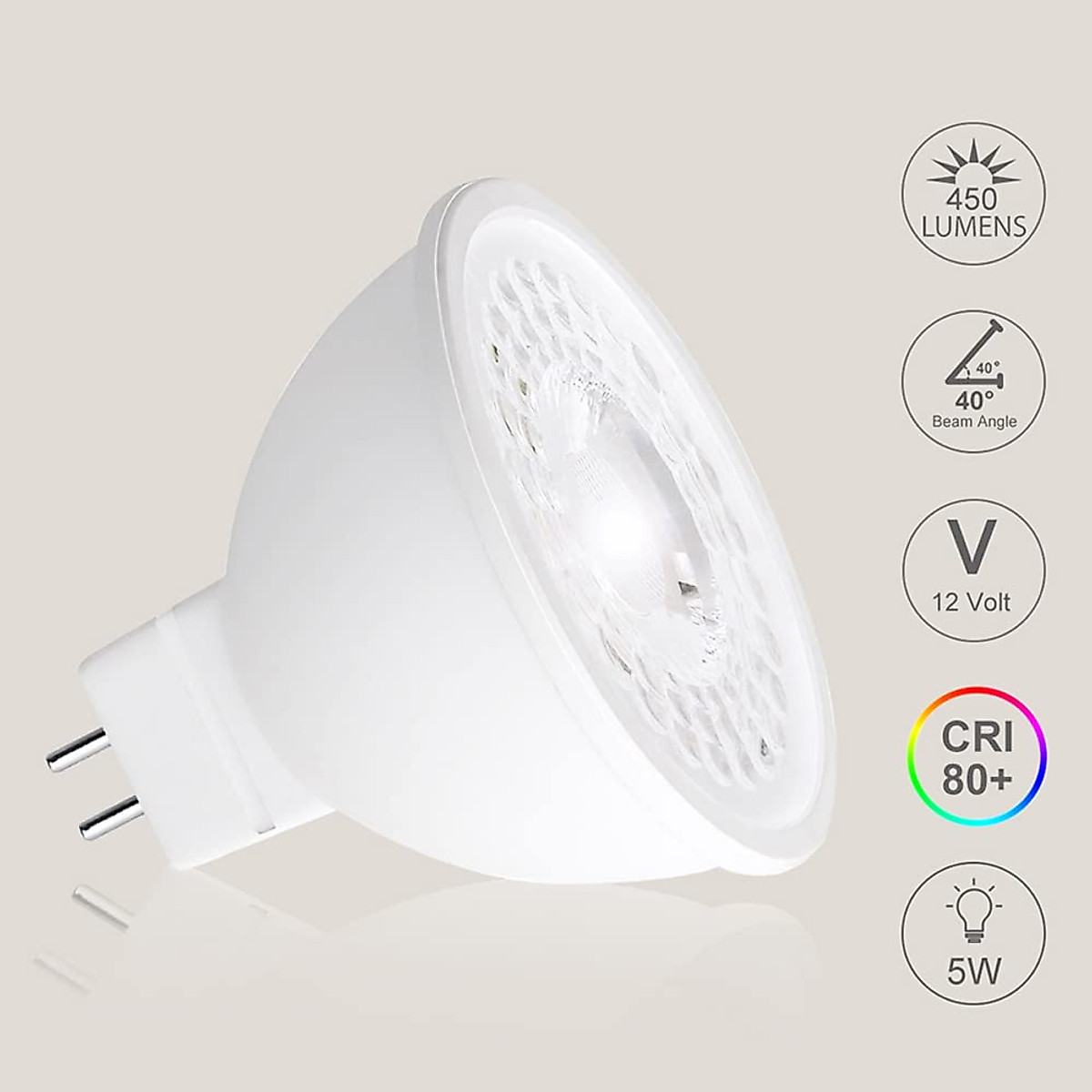 FTL MR16 LED Bulb 12V 50W Equivalent Halogen Replacement GU5.3 Pin Base 5W 5000K Daylight Non-Dimmable for Landscape and Track Lights,6-Pack