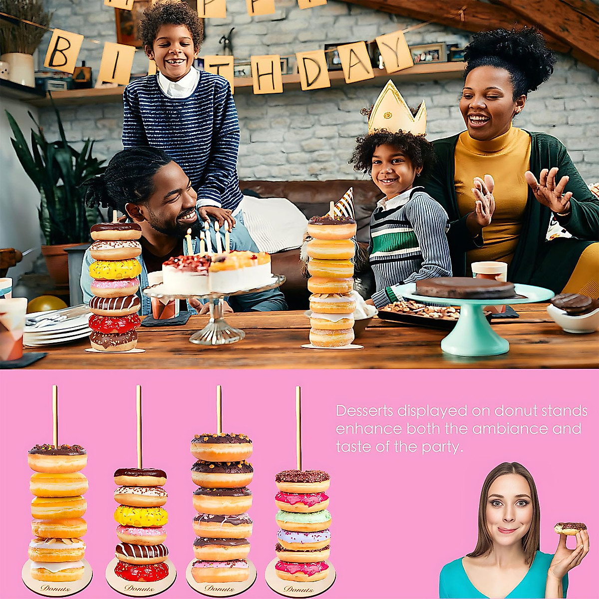 Donut Stand Wooden 4 Pack, Donut Holder, Donut Tower Stand, Doughnut Display Stand Set- Elegant Bagel Holder for Dessert Table, Wedding, Birthday,Baby Shower, Class Reunion,and Party Decor