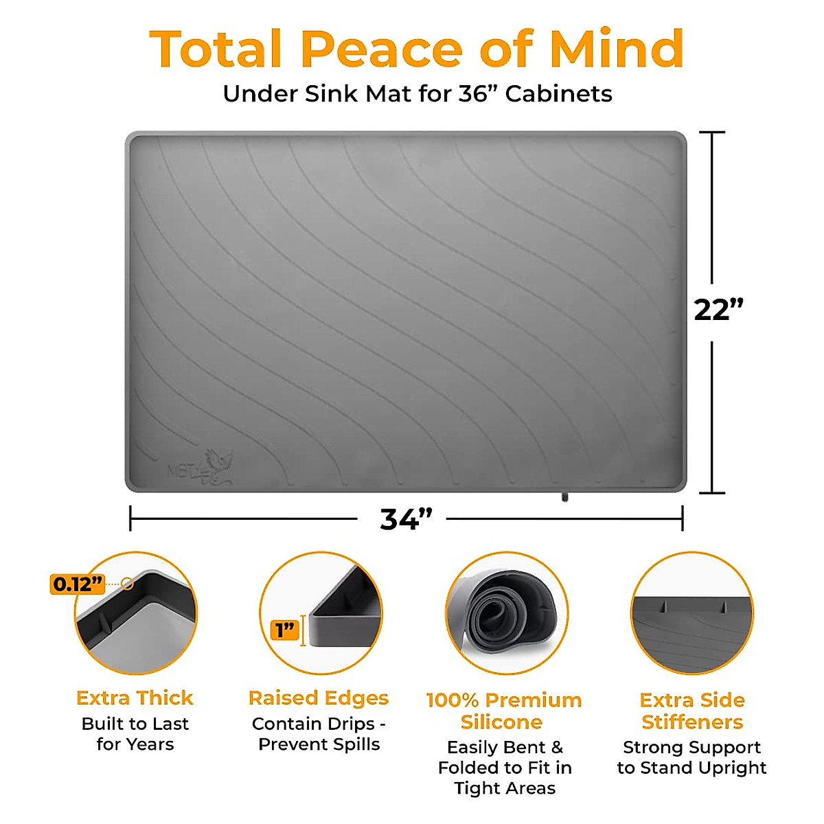 Under Sink Mat for 36” Standard Cabinet, 34" x 22" x 1" Durable & Long-Lasting Drip Tray with Unique Drain Hole, Silicone Under Sink Mats for Kitchen Waterproof by MBT Life
