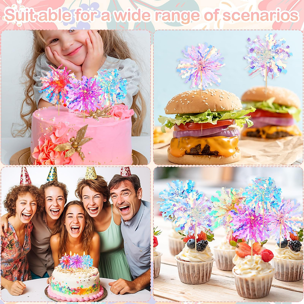 YUXIANLB 10Pcs Happy Birthday Cake Toppers, Foil Firework Cupcake Toppers, Sparkle Tinsel Cake Toppers Cocktail Food Toothpick for Birthday Wedding Baby Shower Graduation Party Supplies