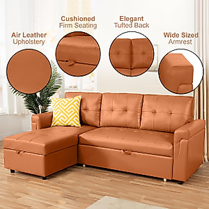 Naomi Home Transform Any Space: Sleeper Sectional Sofa with Convertible Sofa Bed & Inviting Chaise. Find Tranquil Comfort with Stress-Relieving Design & Durable Cushions - Caramel,Air Leather