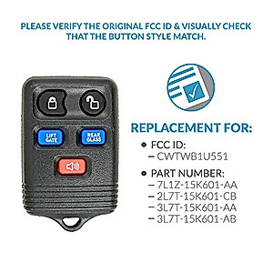 Keyless2Go Replacement for Keyless Entry Remote Car Key Fob 2003 2004 2005 2006 2007 Lincoln Navigator That Use FCC CWTWB1U551 - 2 PACK