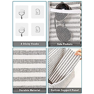 PARAKE Wall Hanging Storage Bag, 2 Pack Waterproof Hanging Organizer Bag for Bedroom, Large Pocket Organizer Basket with Side Pocket, 4 Sticky Hook, Hanging Bag for Bathroom Office, Grey White Stripes