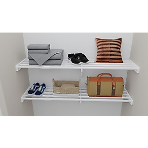 EZ Shelf - DIY Expandable Closet Shelf (NO Hanging Rod) - 40.5” to 73” - White - Easy to Install to 2 Sidewalls -(EZS-SW72)- Wire Closet Shelving Alternative