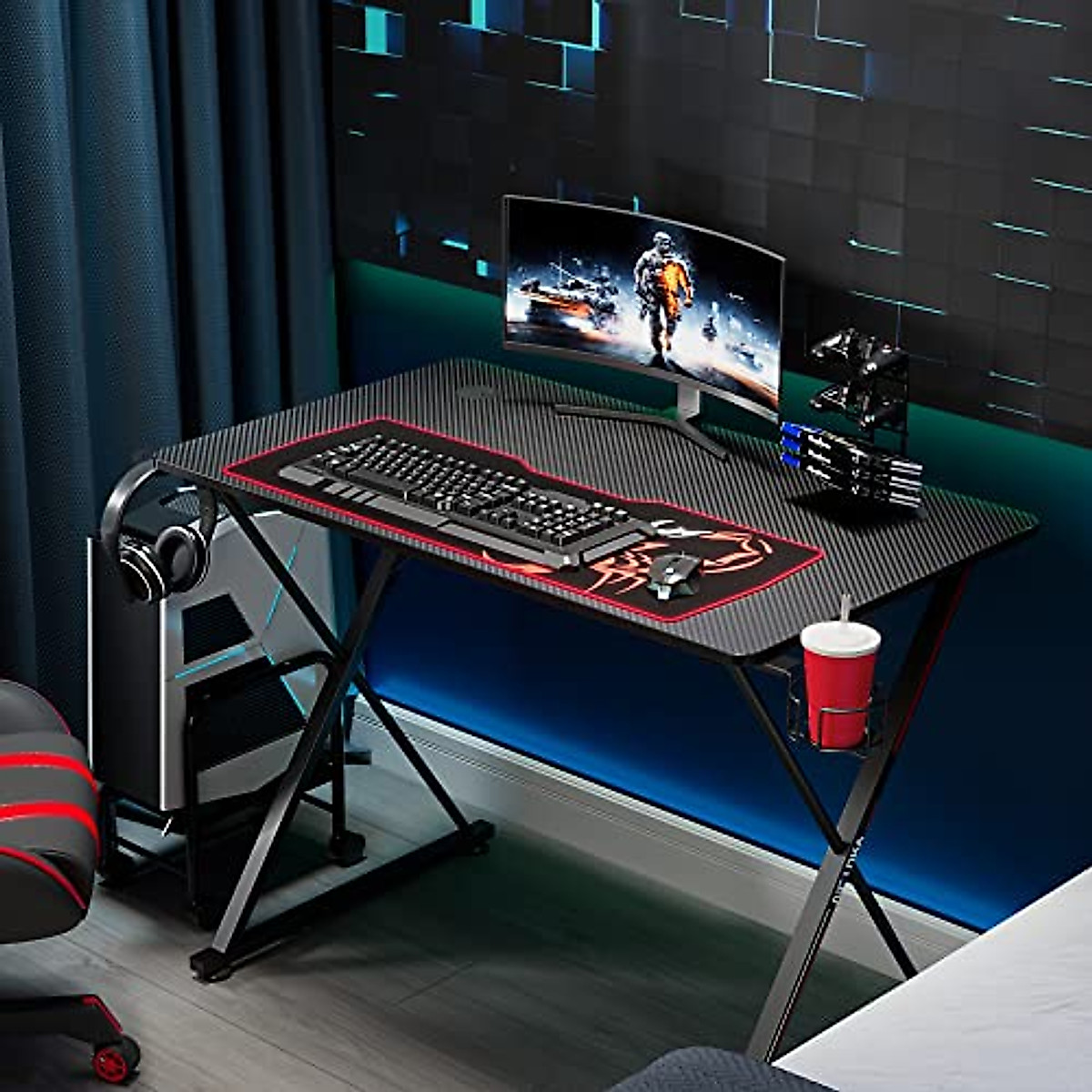 EE EUREKA ERGONOMIC Gaming Desk 39 inch, Small Gaming Table for Kids, Gift Idea, PC Computer Desk,Home Office Desk Workstation with Carbon Fiber Surface,Gamer Desk with Headphone Hook and Cup Holder