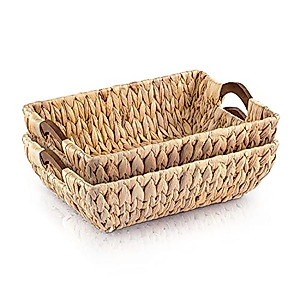 ADO Basics Large Water Hyacinth Hand Woven Basket with Stain Resistant Polished Wooden Handles, Storage Wicker Baskets 15" Length, 10.6" Width, 5.3" Height, Set of 2
