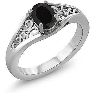 Gem Stone King 925 Sterling Silver Black Onyx Solitaire Ring For Women (0.68 Cttw, Gemstone Birthstone, Oval 7X5MM, Available In Size 5, 6, 7, 8, 9)