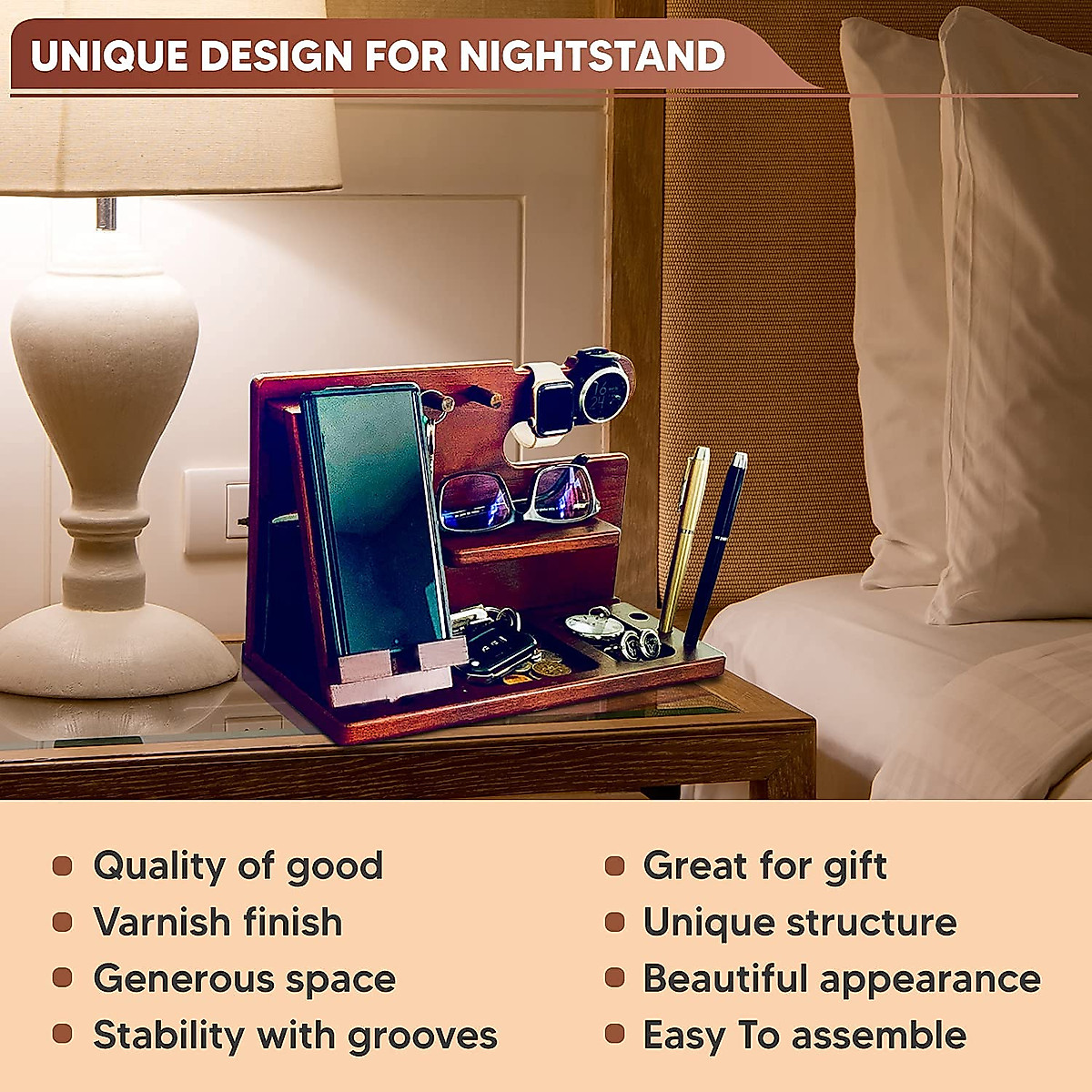 Wood Phone Docking Station Gifts for Men Him Husband Dad Boyfriend - Stylish Nightstand Organizer for Men Wooden Bedside Watch Stand Wallet Desk Organizer (Brown)