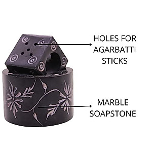 KC KULLICRAFT Hand Carved Black Soapstone Incense Holder | Candle Stick Burner | Tea Light Stand. Decorative Round Shape Carving for Home and Office Decor. (2.5 x 2.5 x 2 Inches)