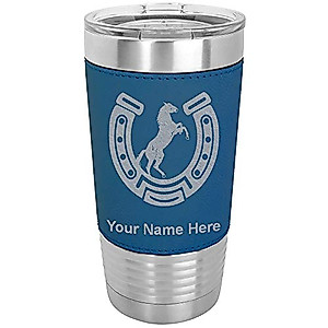 LaserGram 20oz Vacuum Insulated Tumbler Mug, Horseshoe with Horse, Personalized Engraving Included (Faux Leather, Blue)