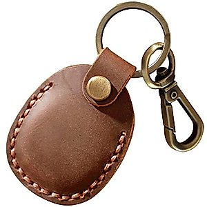 Leather Airtag Holder Keychain, Portable Handmade Genuine Leather Air Tag Holder with Keyring Full Coverage Protective Case Cover Compatible for AirTags 2021 Brown