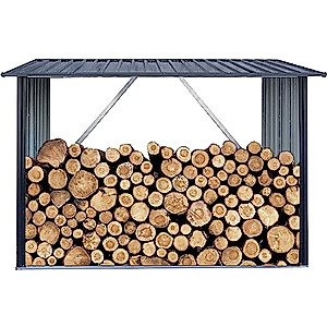 Hanover Indoor or Outdoor Firewood Rack, Open Woodshed for Wood Storage, Galvanized Steel Material, 7.1-Ft. x 2.75-Ft. x 5-Ft., Dark Gray