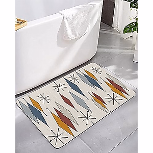 Middle Century Bath Mat for Bathroom Rugs Non Slip,Bath Mat Quick Dry Absorbent Bath Rug,Thin Rubber Backed,Retro European Geometry Diamond Blue Maroon Turmeric 20"x32"