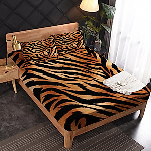 Tiger Print Sheets Full Size Sheet Sets - Animal Print Bed Sheets, Soft Microfiber & Deep Pocket & Wrinkle Free Patterned Bedding Sheets & Pillowcases, 1 Fitted Sheet, 1 Flat Sheet, 2 Pillow Cases