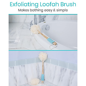 Vive 17” Shower Loofah with Long Handle - Exfoliating Back & Body Scrubber for Men & Women - Luffa Sponge on a Stick for Bathing, Cleaning - Includes Extra Handheld Lufa, Hook & String to Hang on Wall