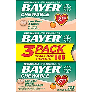 Aspirin Regimen Bayer 81mg Chewable Tablets | #1 Doctor Recommended Aspirin Brand | Pain Reliever | Orange Flavor | 108 Count, 36 Count (Pack of 3)