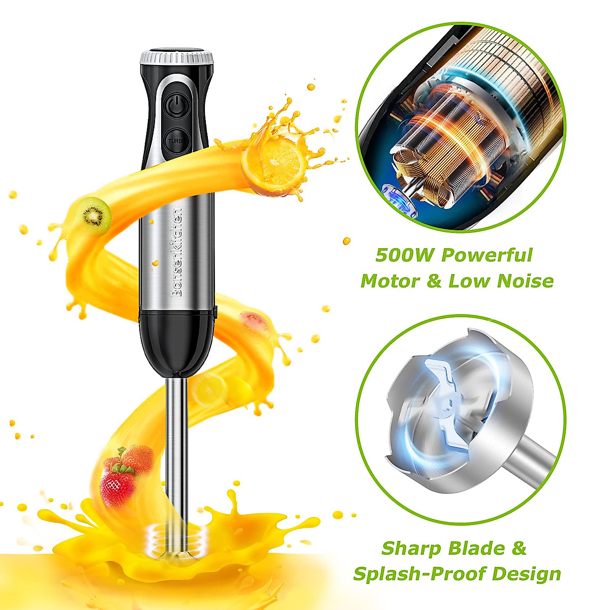 4-In-1 Hand Blender with Egg Whisk, 24oz Beaker & 17oz Chopper Bowl for Smoothies, Puree, Baby Food and Milk Frother Handheld for Coffee-Bundle