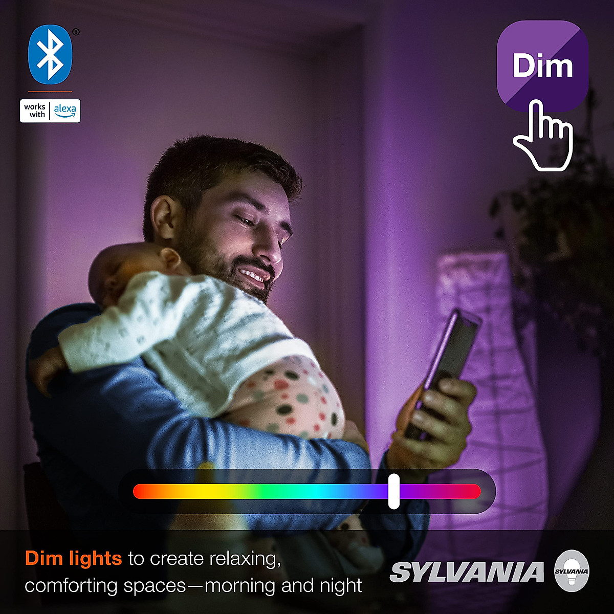 SYLVANIA Bluetooth Mesh LED Smart Light Bulb, One Touch Set Up, A19 60W Equivalent, E26, RGBW Full Color & Adjustable White, Works with Alexa Only - 2 Count (Pack of 1) (75760)