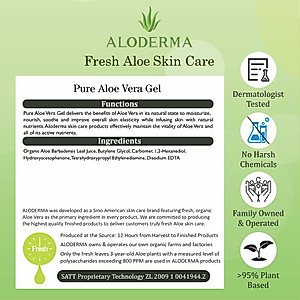 Aloderma Organic Aloe Vera Gel for Face & Body, 96% Pure Aloe Gel Made within 12 Hours of Harvest, Ideal for Skin, Scalp, & Hair Hydration, Calming Moisturizer for Soothing After Sun Care Relief, 7oz