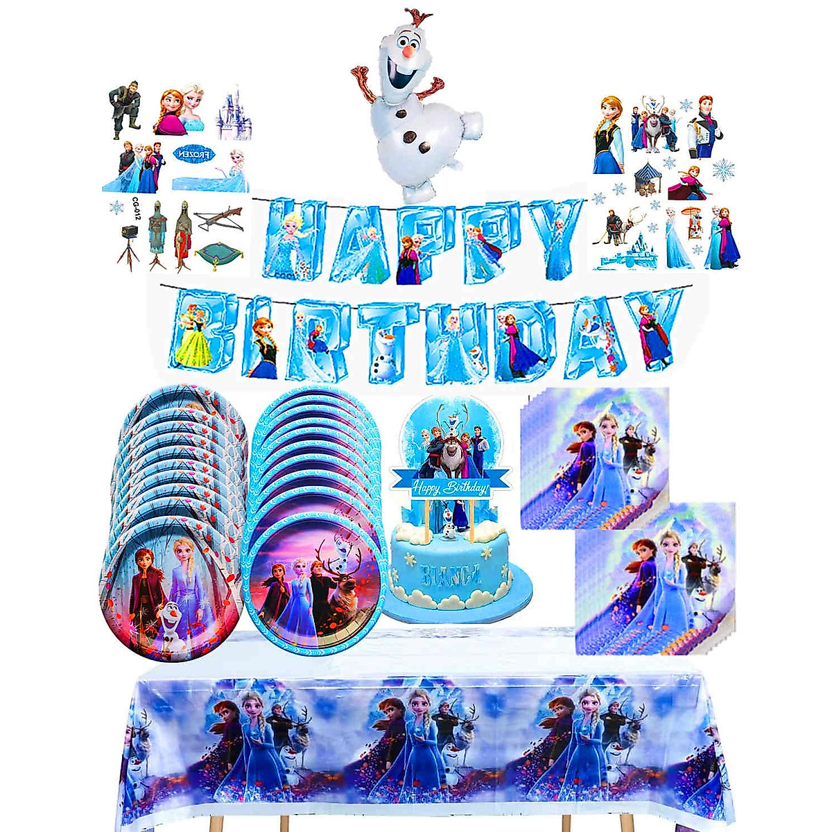 Frozen Birthday Party Supplies Set ，Frozen Party Decorations ，Frozen Party Supplies | Set includes Banner, Tablecloth, Cake Plates,follow balloons， Napkins, tattoo stickers, Serves 20Guests